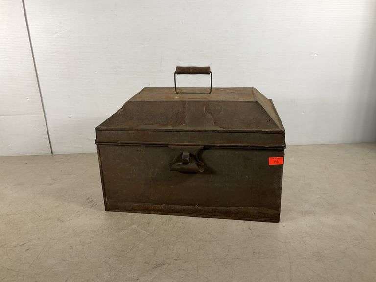 Metal box with hinged lid, 18x12x11”, rusted hole in bottom - Hash Auctions