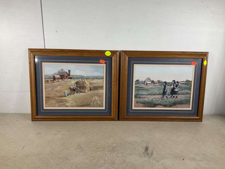 Two framed and double mounted Ann Mount Amish farm prints, 23x19 ...