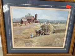 Two framed and double mounted Ann Mount Amish farm prints, 23x19 ...