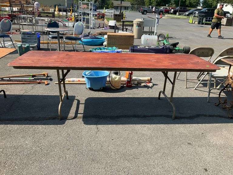 Banquet table, wooden top, metal folding legs, 8’L x 32”W - Hash Auctions