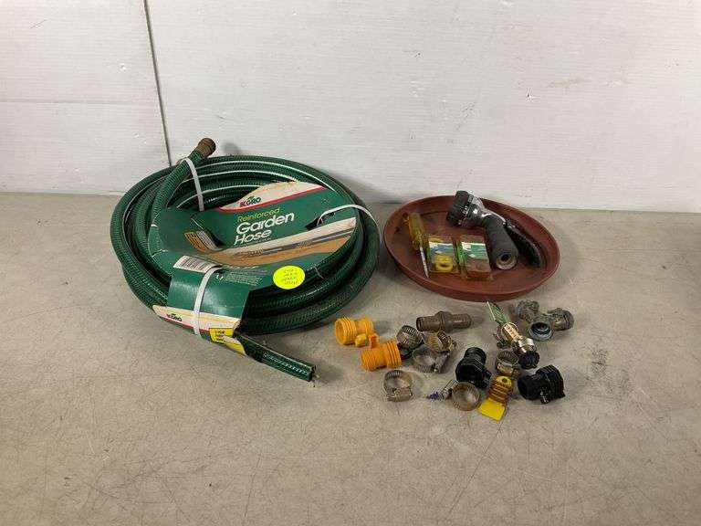 Garden hose (needs new end), planter tray, fittings, etc. - Hash Auctions
