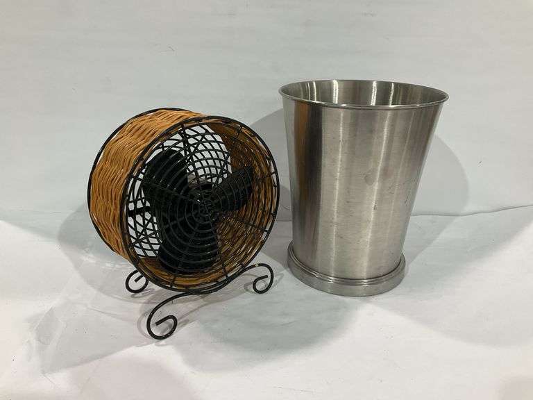 Trash can and wicker wrapped fan - Hash Auctions