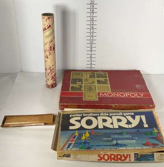 Coca Cola cribbage, Pente, Sorry, and a vintage Monopoly. Boxes are in ...