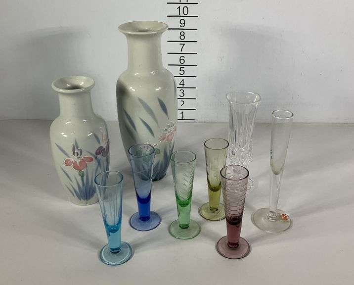 Two FTDA vases made in Japan. Set of 5 colorful etched glass shot ...