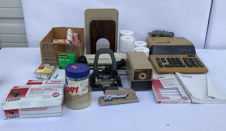 Box lot of office supplies, includes, sharp adding machine (tested and ...