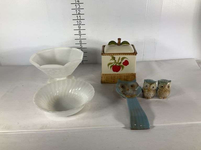 Owl spoon rest and matching shakers, Apple theme canister, grape ...