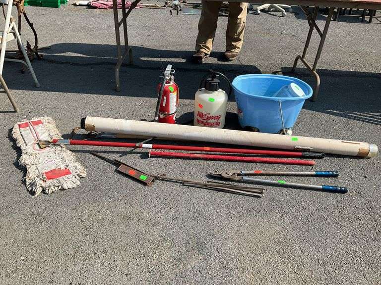 Mop bucket, pump action sprayer, fire extinguisher, push broom - Hash ...