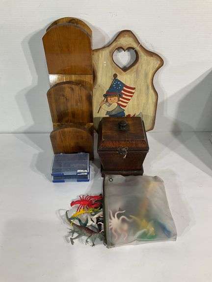 Wood and other home goods, patriotic boy with goose, plastic critters ...