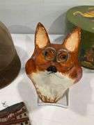 Riding helmet, hat box, fox string holder, has been repaired, small ...