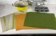 14 placemats, Lightning McQueen mold, cupcake pan and pot with lid ...