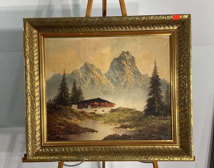 Framed original oil painting, 30x26, home in the mountains with fall ...