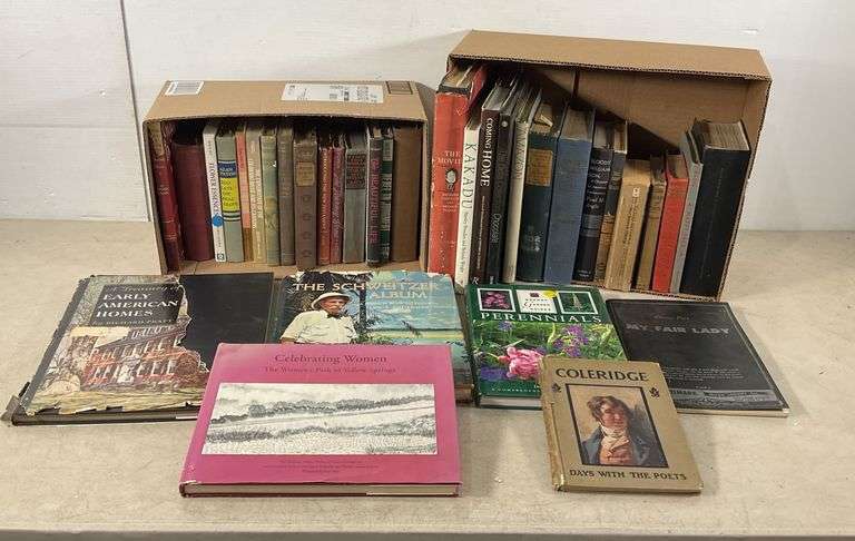 Two boxes of books, some older, Early American Homes, 1944 WV Blue Book ...
