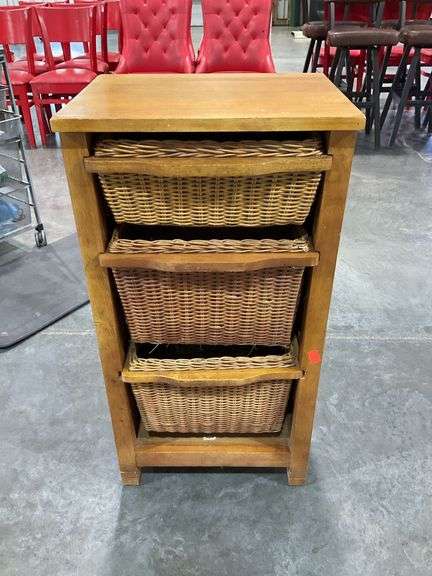 Three drawer wicker storage bin tower, wood cabinet, 35.5in tall - Hash ...