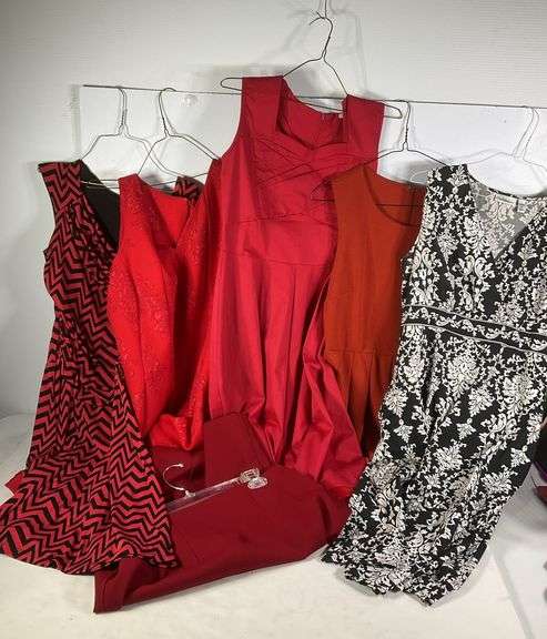 Group of fall and winter color dresses and one skirt. Sizes 12 - 14 ...