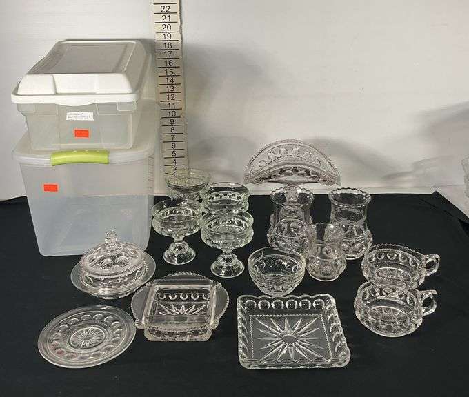 Two totes of clear King’s Crown thumbprint clear glass - Hash Auctions