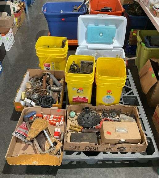 Tools and Hardware Items lot, drill, saw, spark plugs, just a group of ...