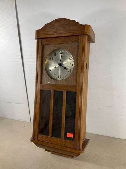 Oak Case Wall Clock with Brass Pendulum and Key, 30″ Tall - Hash Auctions