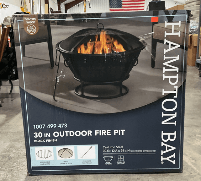 Hampton Bay 30in outdoor fire pit. Black finish. New - Hash Auctions