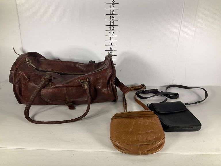 Lot of Three Leather Bags Including Brown Duffel, Small Tan Shoulder ...