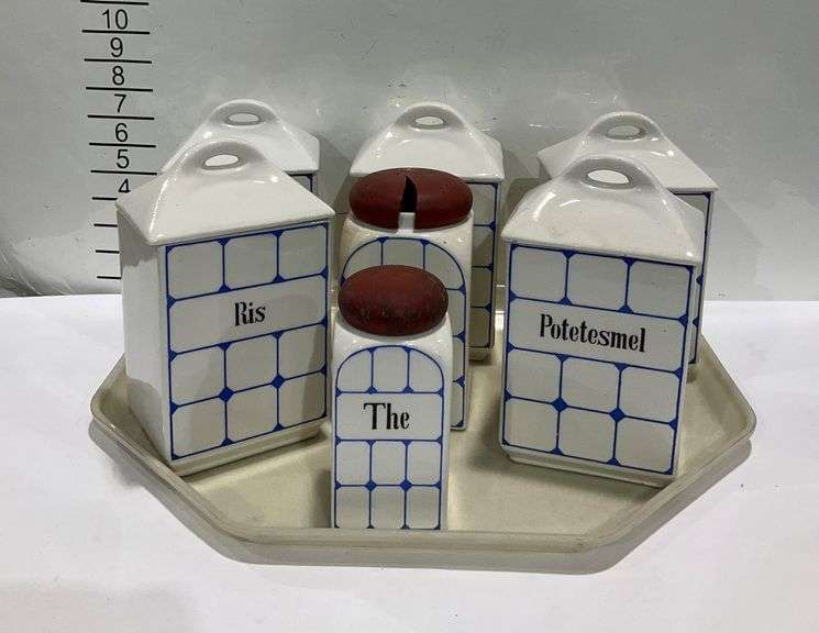Set of Seven Ceramic Storage Containers with Printed Labels - Hash Auctions