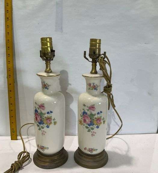 Pair of Ceramic Floral Table Lamps with Brass Bases - Hash Auctions
