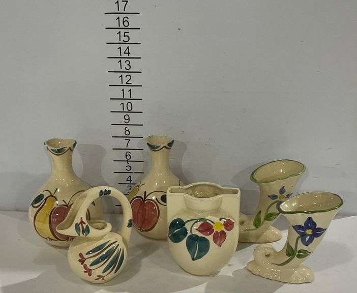 Set of Six Painted Purinton Slip Ware Vessels, Multiple Designs - Hash ...