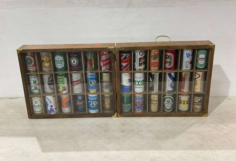 Wooden Display Case Containing Assorted Vintage Beer Cans - Hash Auctions