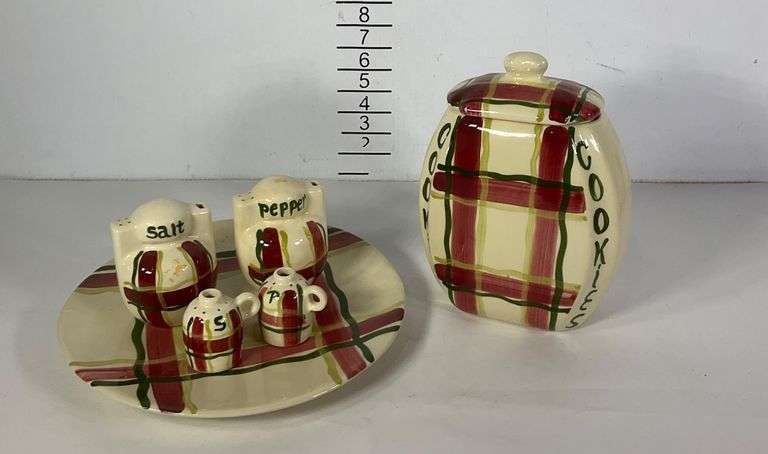 Purinton Slip Ware Plaid Ceramic Cookie Jar and Condiment Set - Hash ...