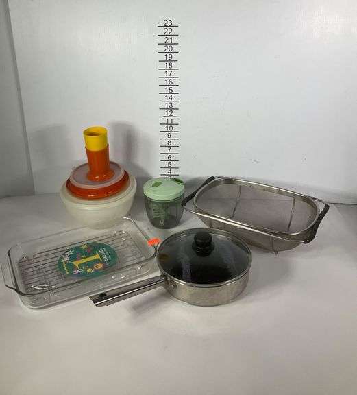 Assorted Kitchenware Including Tupperware Bowls, Glass Tray, and ...