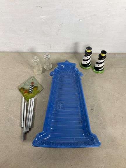 Lighthouse-Themed Décor Lot with Tray, Wind Chime, and Salt & Pepper ...