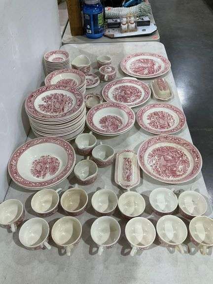 Two boxes: 74-Piece Royal China ‘Memory Lane’ Red Transferware Dinner ...