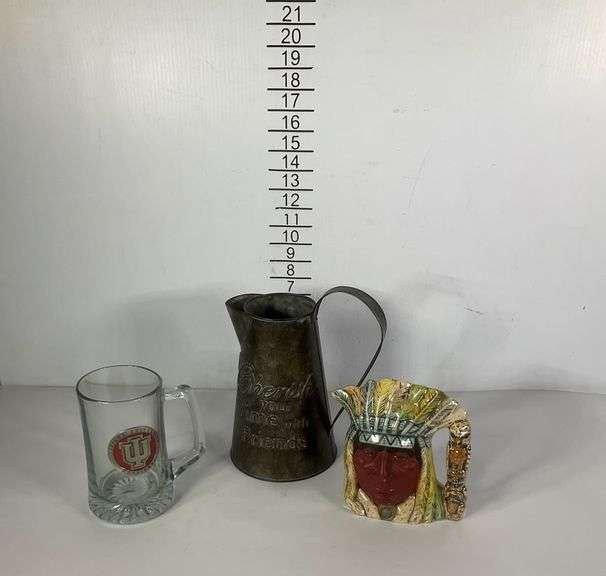 Lot of Three Decorative Items: Glass Mug, Metal Pitcher, and Ceramic ...