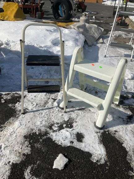 Two-Step Ladders: One Metal with Black Tread, One Plastic with White ...