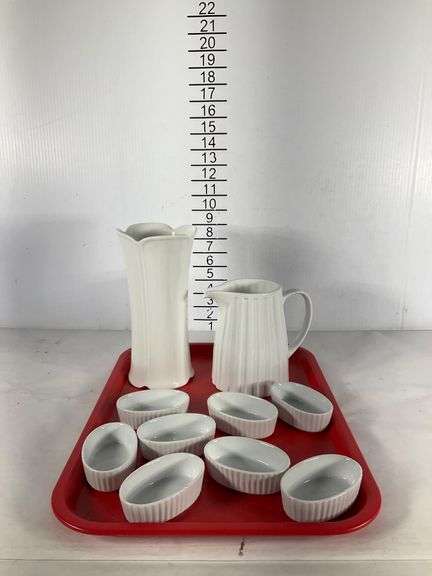 Crate & Barrel White Ceramic Pitcher, Vase, and Ramekin Set - Hash Auctions