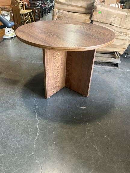 Round Wood Table with Cross-Base Design, 41” Diameter - Hash Auctions