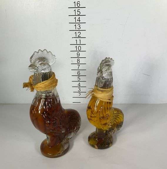 Set of Two Rooster-Shaped Glass Bottles with Contents - Hash Auctions