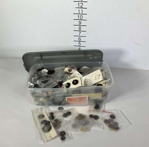 Collection of Assorted Buttons and Sewing Supplies in Plastic Storage ...