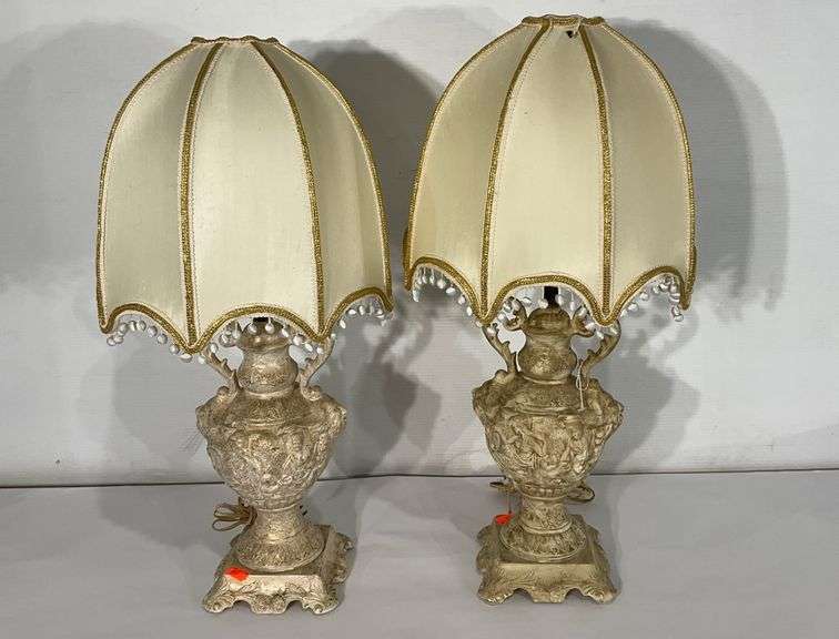 Pair of Ornamental Table Lamps with Urn-Shaped Bases and Fabric Shades ...