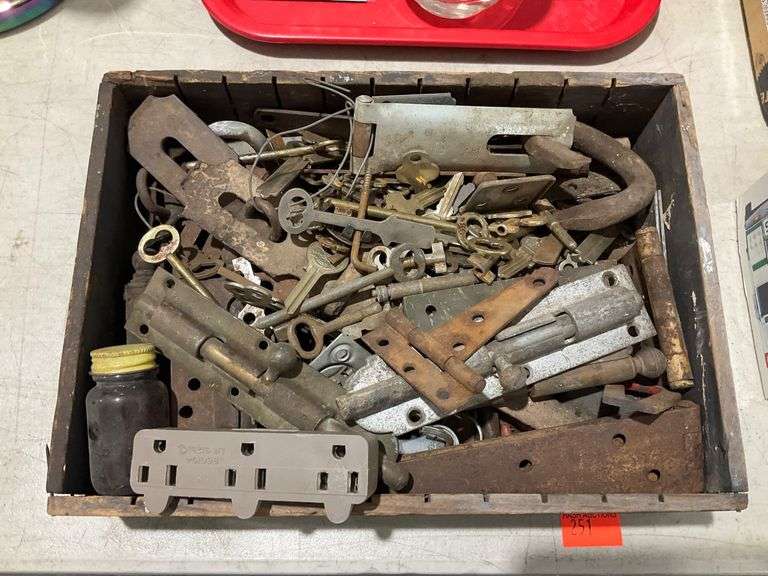 Assorted Hardware Box Including Locks, Hinges, and Keys - Hash Auctions
