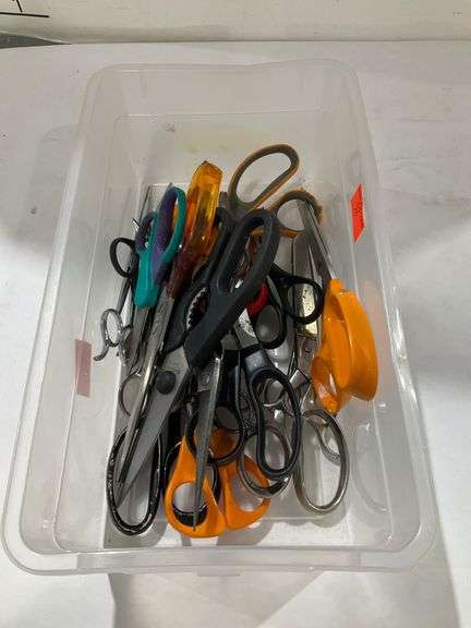 Collection of Miscellaneous Scissors in Plastic Storage Bin - Hash Auctions