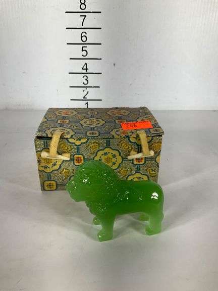 Green Jade-Style Lion Figure with Decorative Box - Hash Auctions
