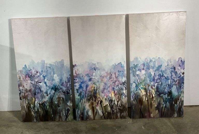 Triptych Acrylic on Canvas Floral Landscape Artwork, 19.5×35.5 - Hash Auctions