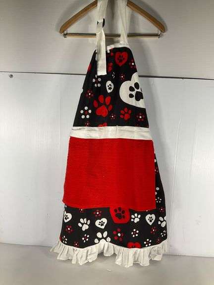 Dog-Themed Apron with Red, Black, and White Paw Print Design - Hash ...