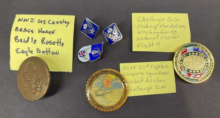 WWI brass horse bridle rosette eagle button, Airforce assn pins, and ...