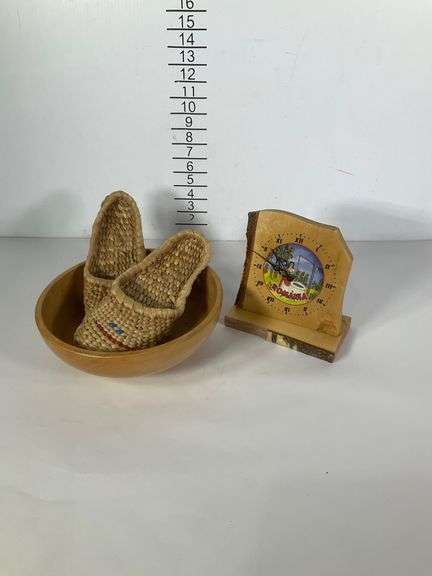 Wooden Bowl, Hand-Woven Straw Slippers, and Decorative Wooden Clock ...