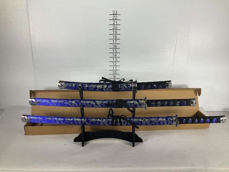 Set of Three Decorative Swords with Blue Floral Sheaths and Display ...