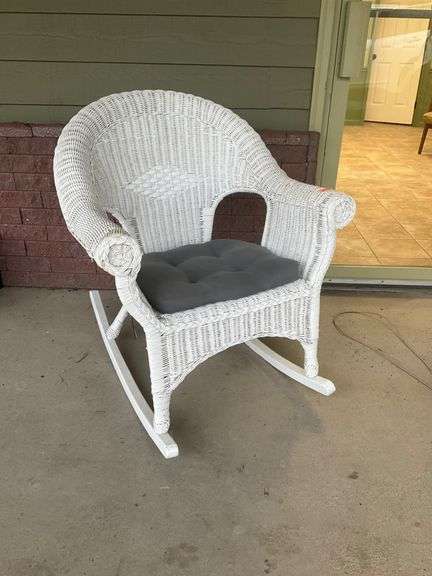 White Wicker Rocking Chair with Upholstered Cushion - Hash Auctions