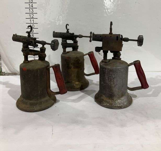 Set of Three Vintage Metal Blow Torches with Red Handles - Hash Auctions