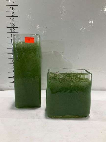Pair of Green Glass Vases with Square and Rectangular Forms - Hash Auctions
