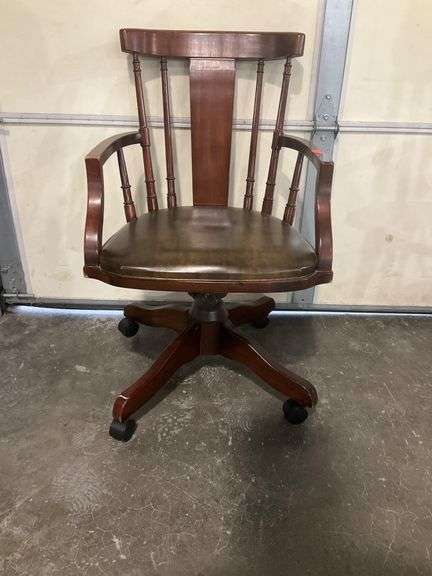 Wooden Office Swivel Chair with Spindle Back and Armrests - Hash Auctions
